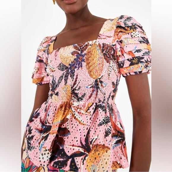 FARM Rio | Tops | Farm Rio Puff Sleeve Pink Pineapple Smocked Peplum ...